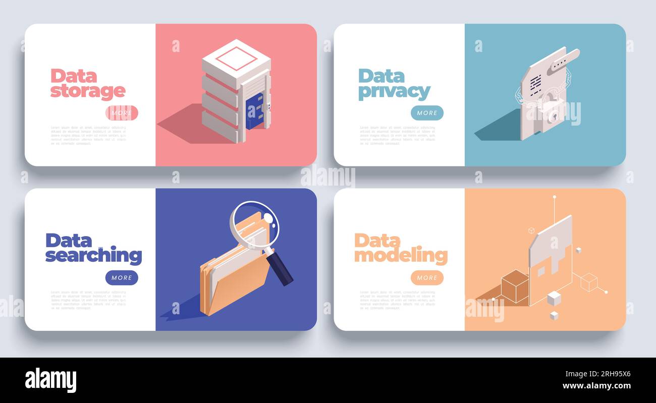 Data management concept set of horizontal banners with isometric icons ...