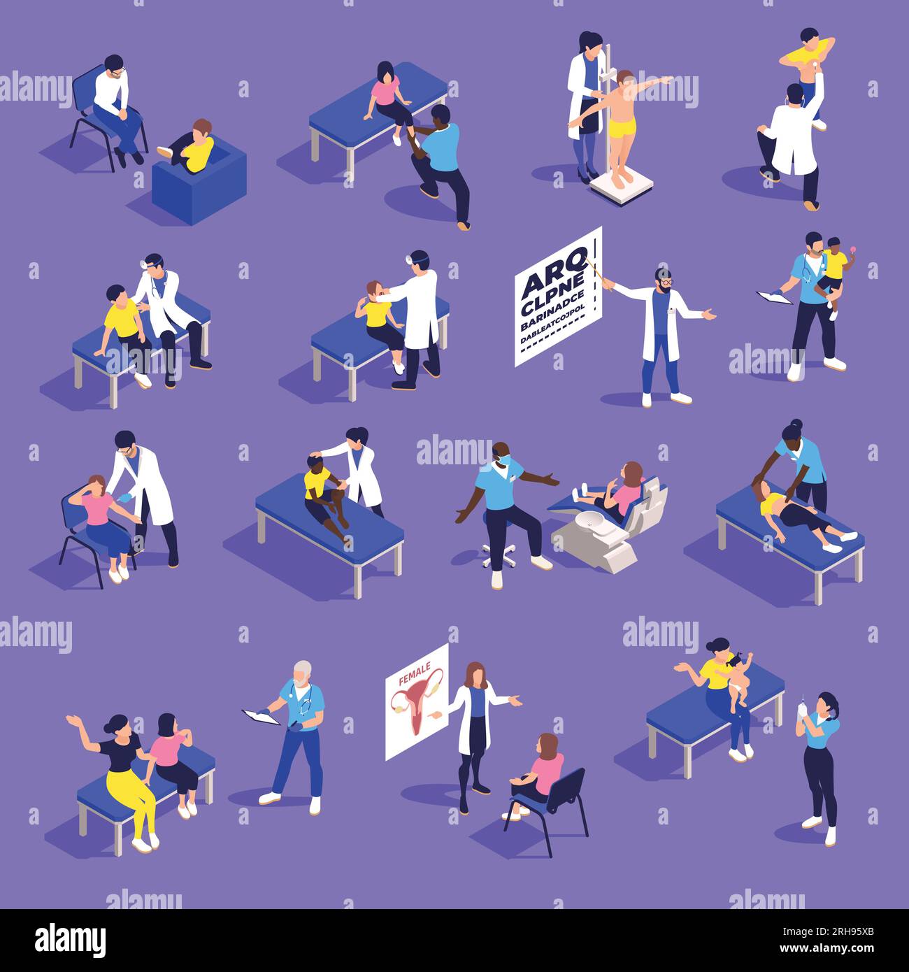 Pediatrics pediatrician isometric set of isolated icons with human ...