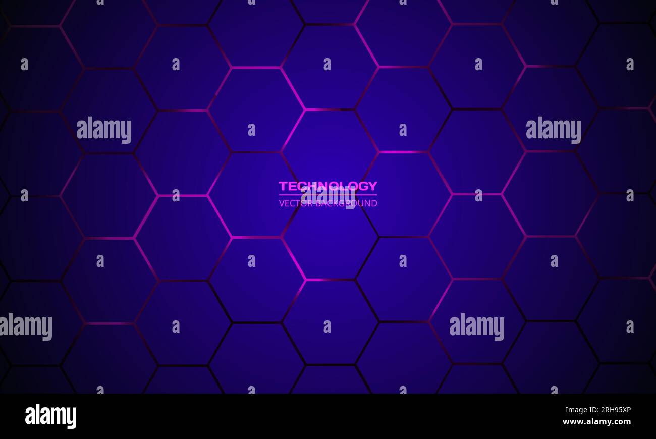 Dark blue hexagonal vector technology abstract background. Pink bright energy flashes under ...
