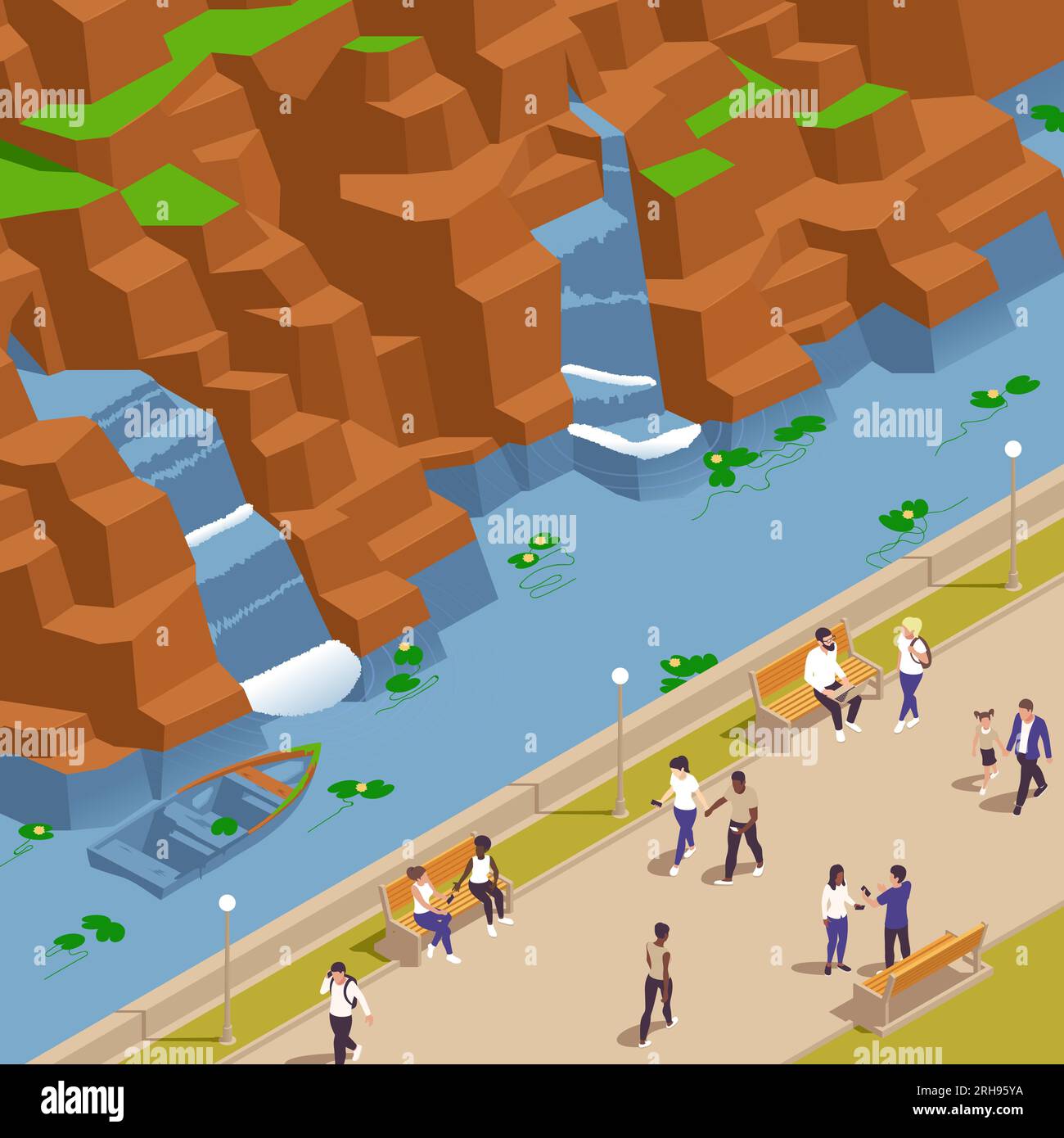 Park fountains ponds gazebo isometric composition with view of natural ...
