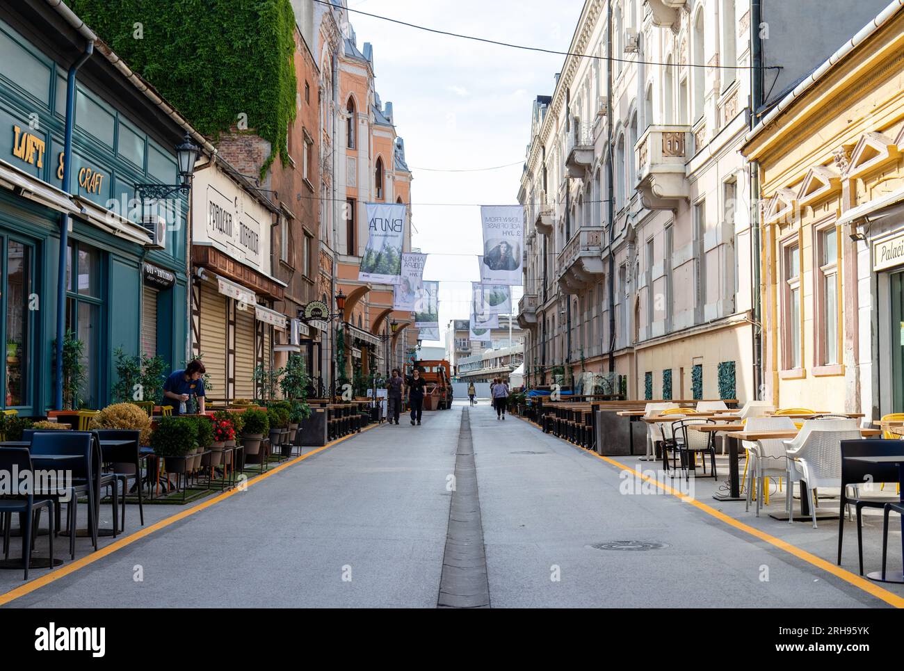 Sidewalk street with cafes and restaurants in city Novi Sad, Serbia ...
