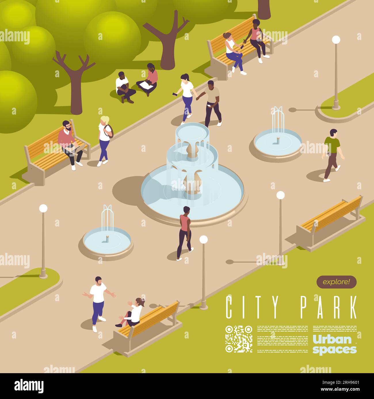 Park fountains ponds gazebo isometric composition with outdoor scenery ...