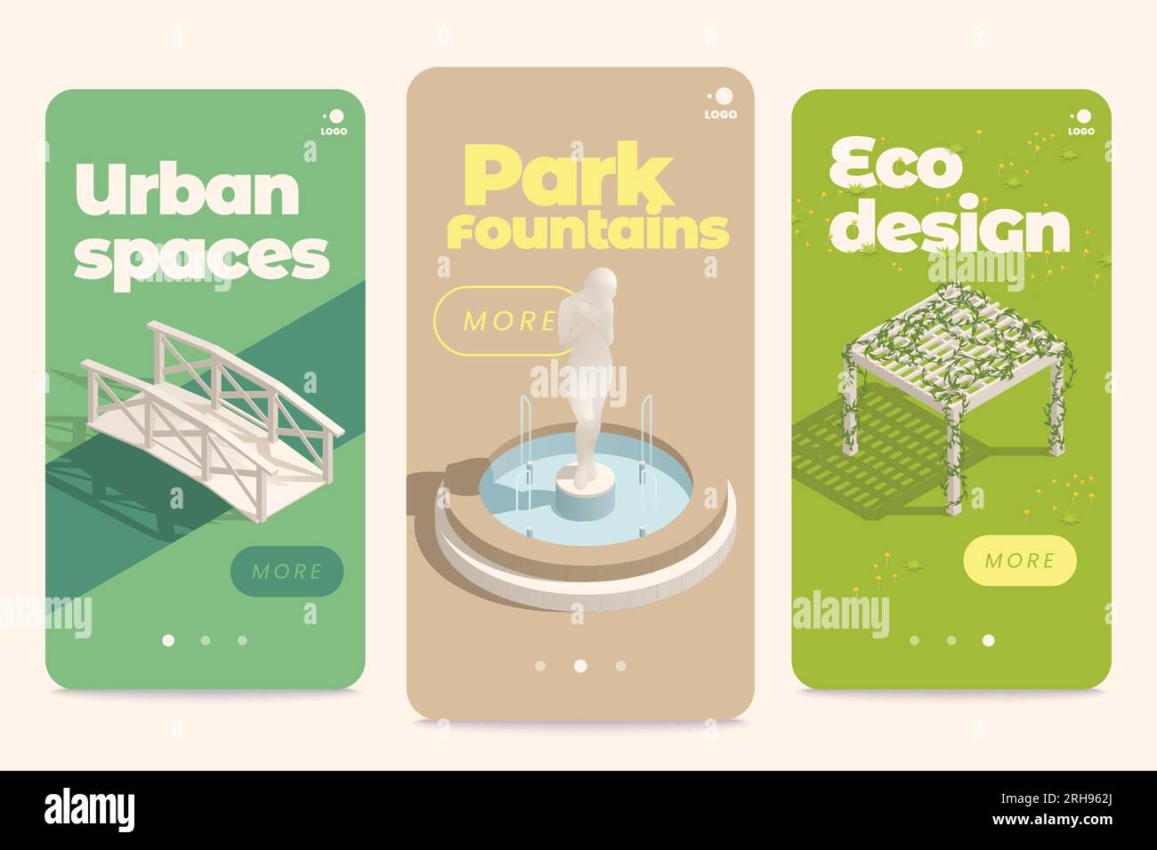 Park fountains ponds gazebo set of three vertical banners with page ...