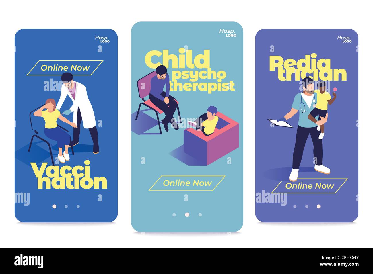 Pediatrics pediatrician isometric set of three vertical banners with ...