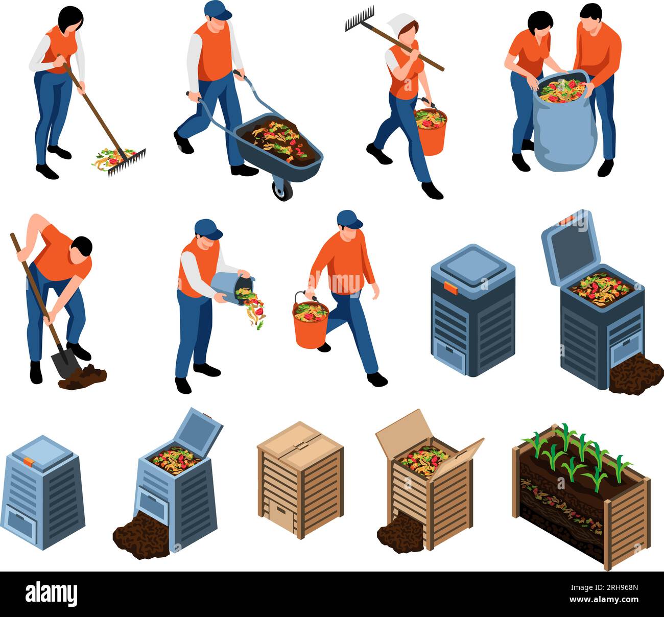 Isometric set of people making and using compost 3d isolated vector ...
