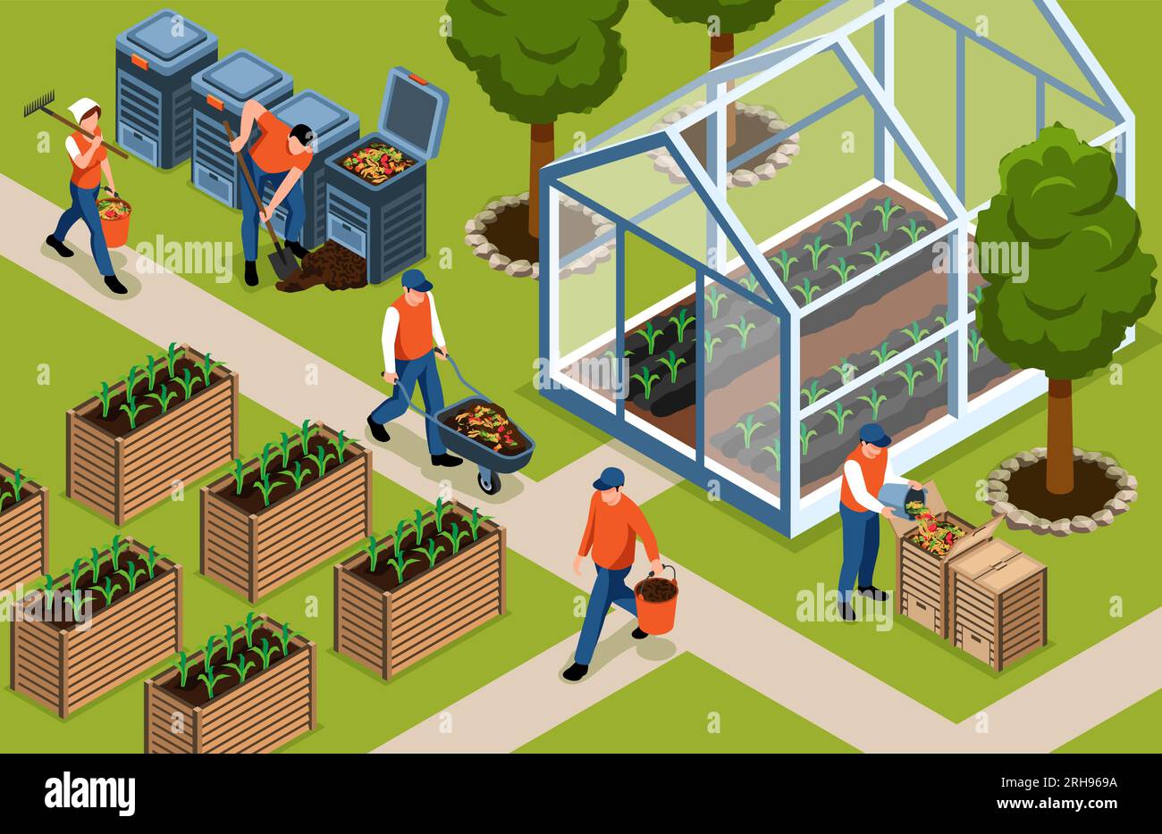 Male and female farmers using compost to fertilize plants isometric ...