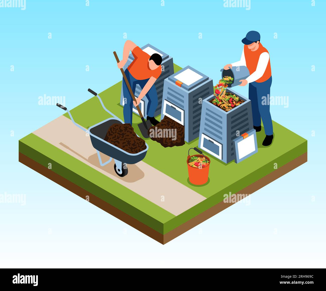 Male gardeners making and using compost 3d isometric isolated on blue ...