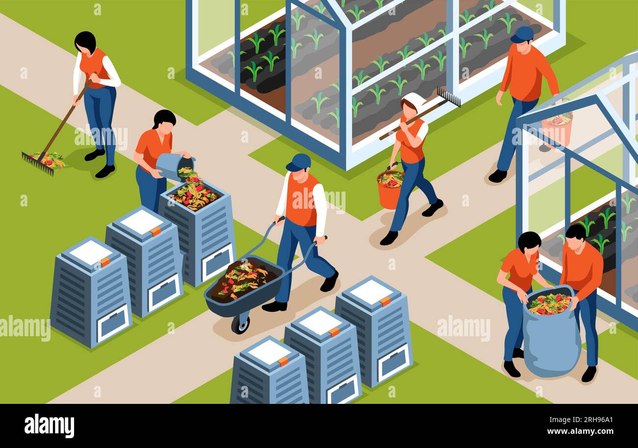 Group of gardeners collect organic waste to make compost and fertilize ...