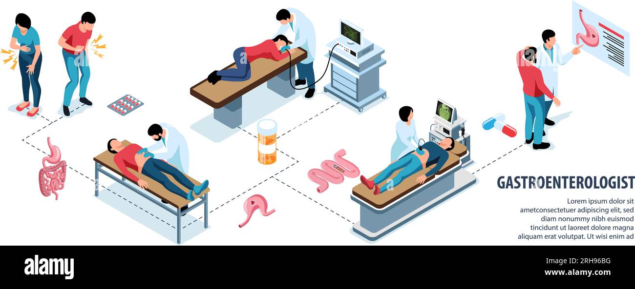 Gastroenterologists and patients during medical examination isometric ...