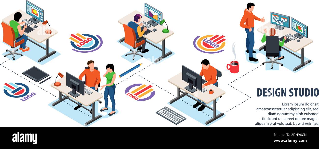 Designers and illustrators at work in design studio isometric ...