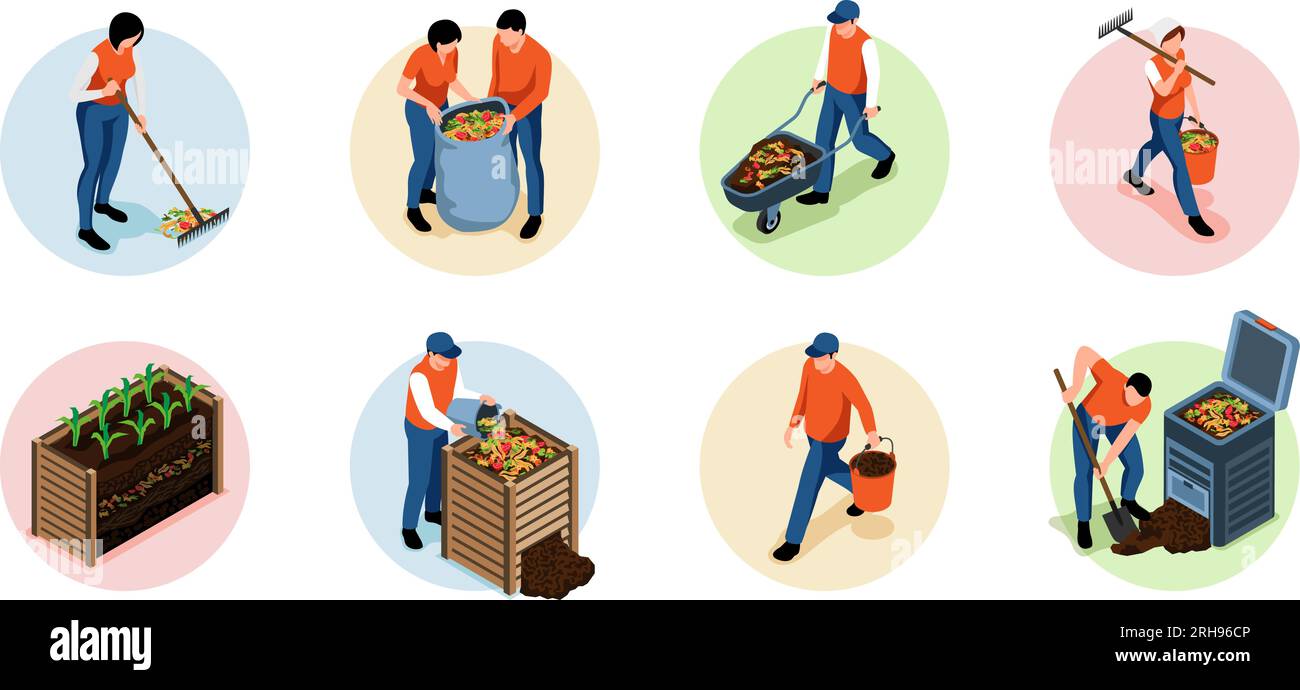 Gardeners making compost isometric compositions set isolated 3d vector ...