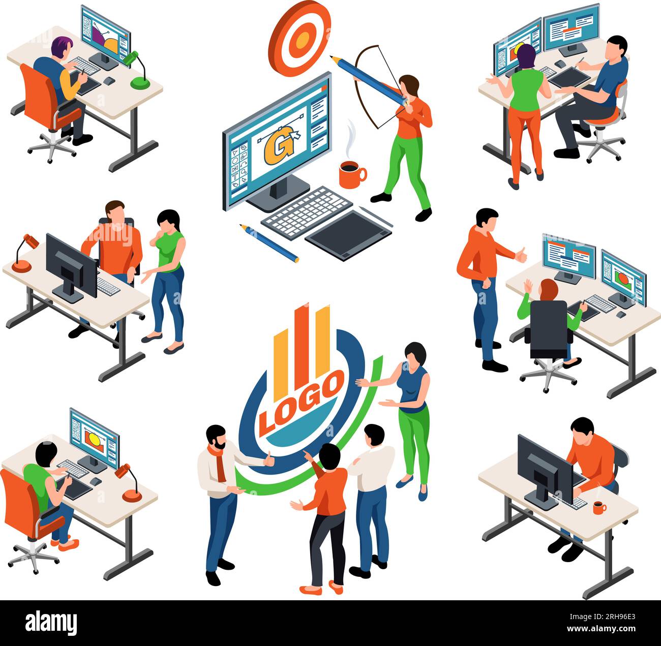 Design studio isometric set with people working on computers team of ...