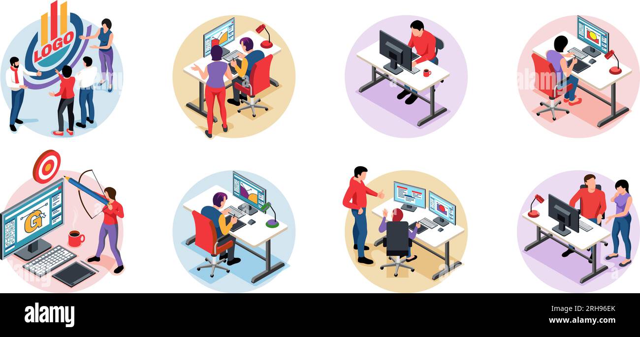 Design studio compositions set with male and female designers working ...