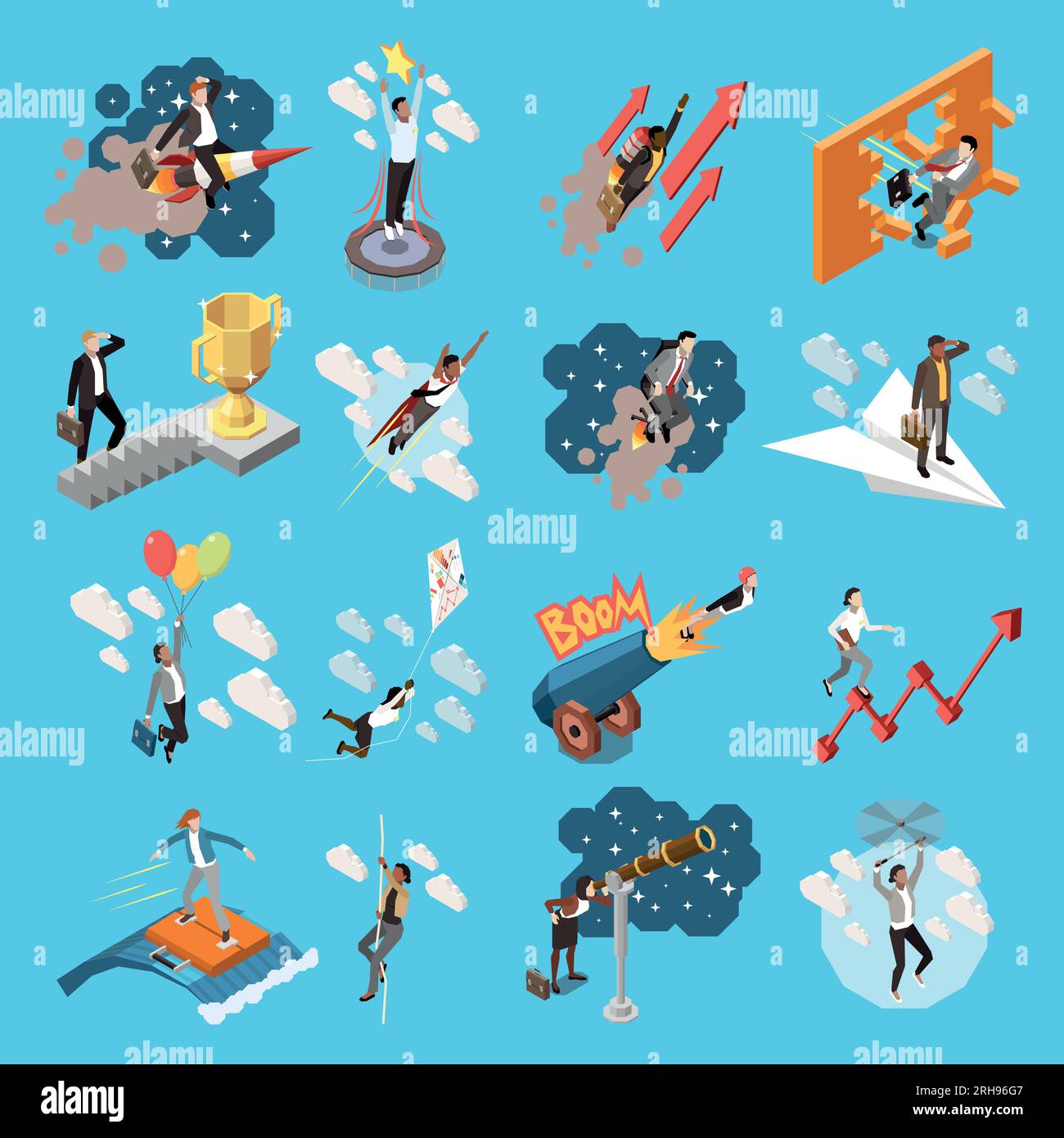 Career boost isometric icon set with different abstract situations and ...
