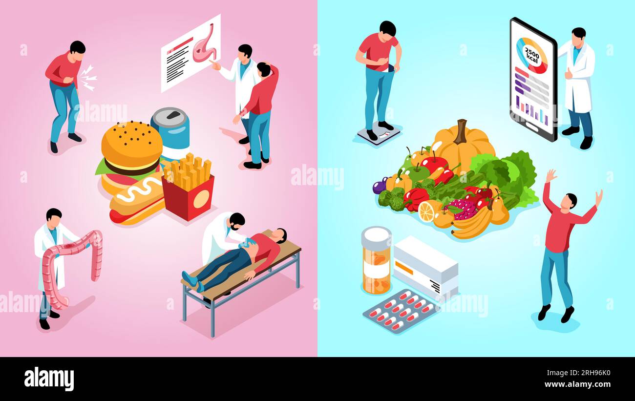 Gastroenterology diet isometric poster with healthy and unhealthy food ...
