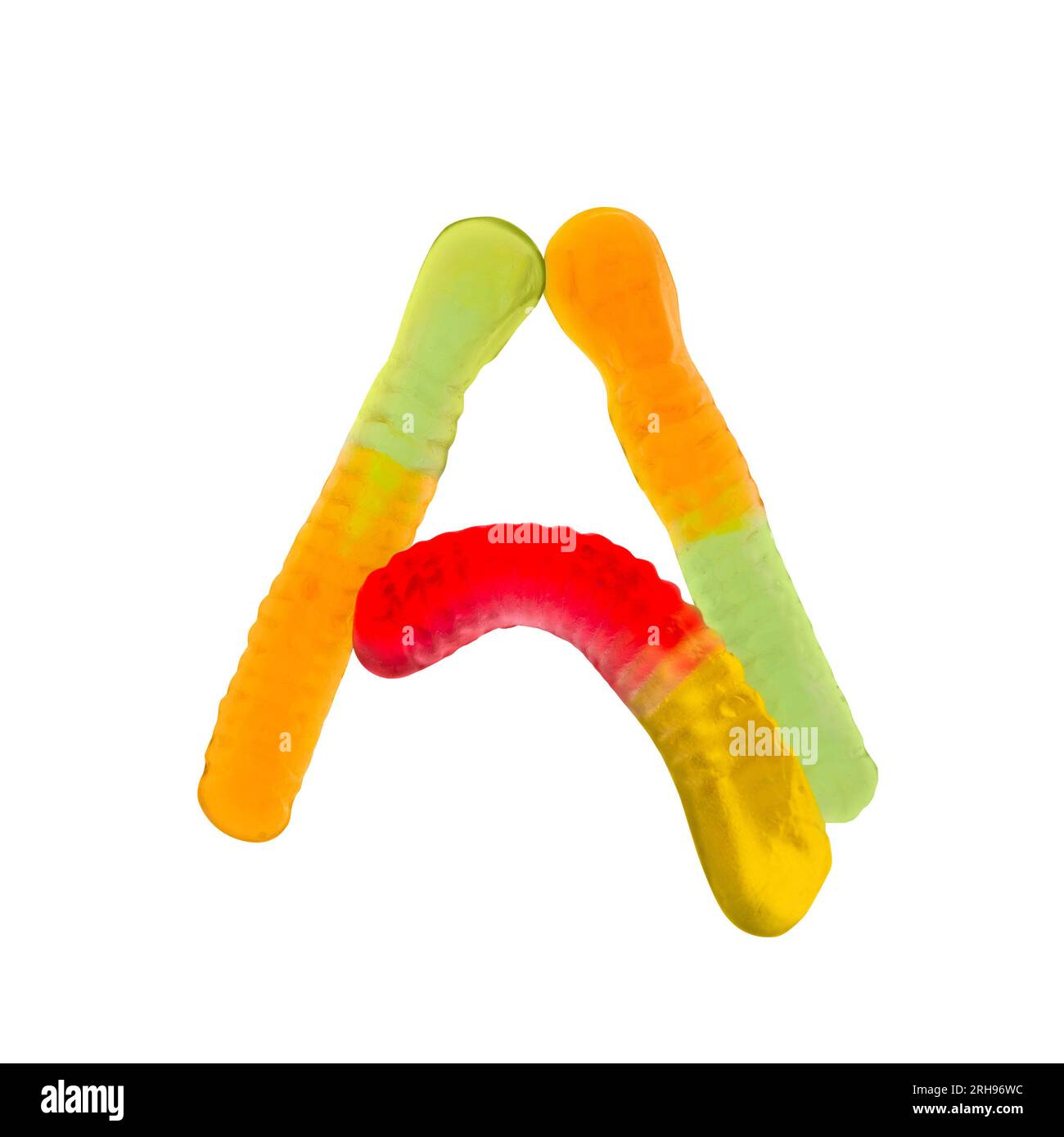 Letter A made of multicolored gummi worms and isolated on pure white ...