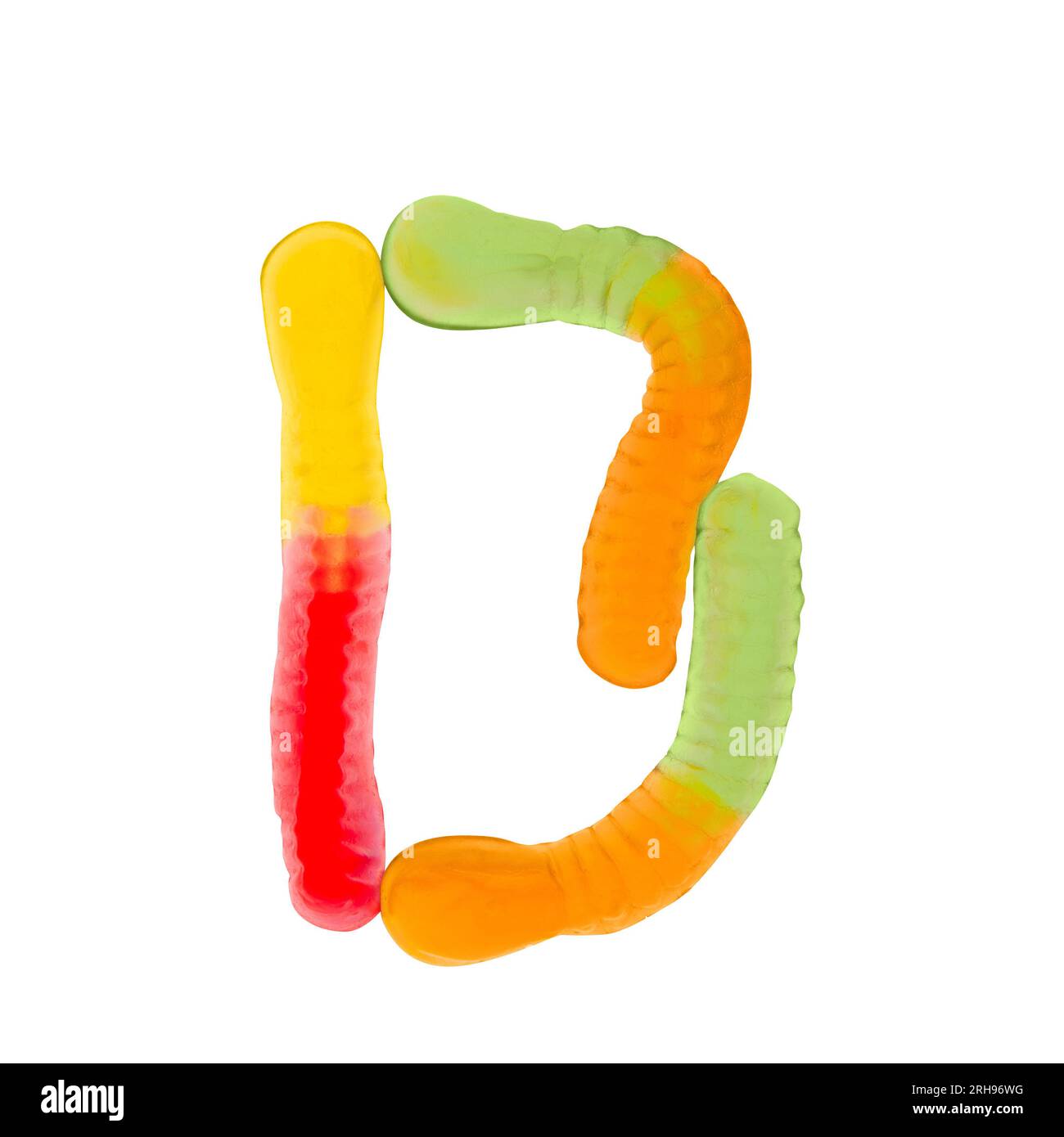 Letter D made of multicolored gummi worms and isolated on pure white ...