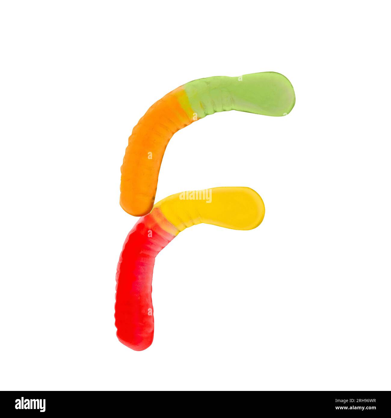Letter F made of multicolored gummi worms and isolated on pure white ...