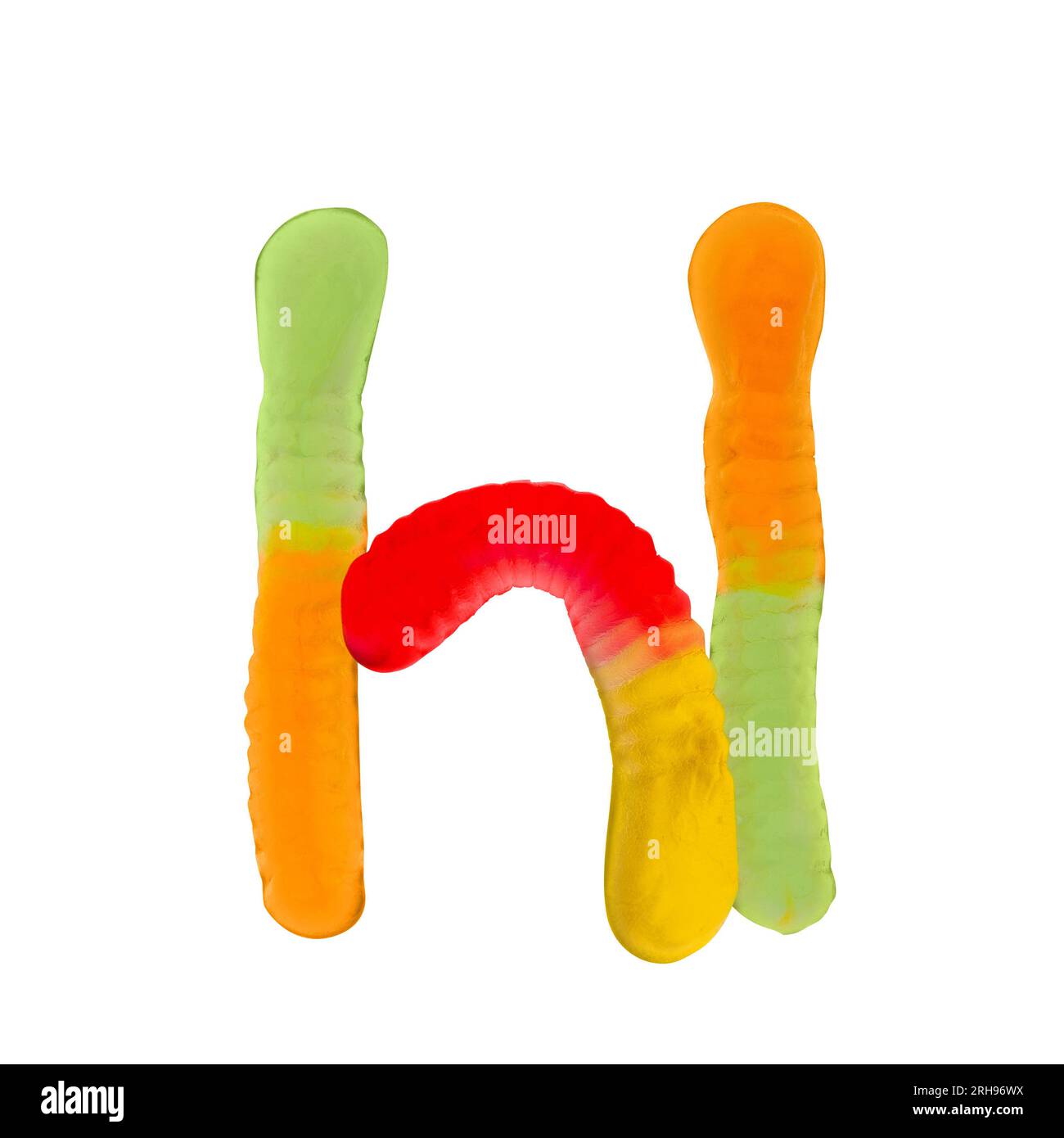 Letter H made of multicolored gummi worms and isolated on pure white ...