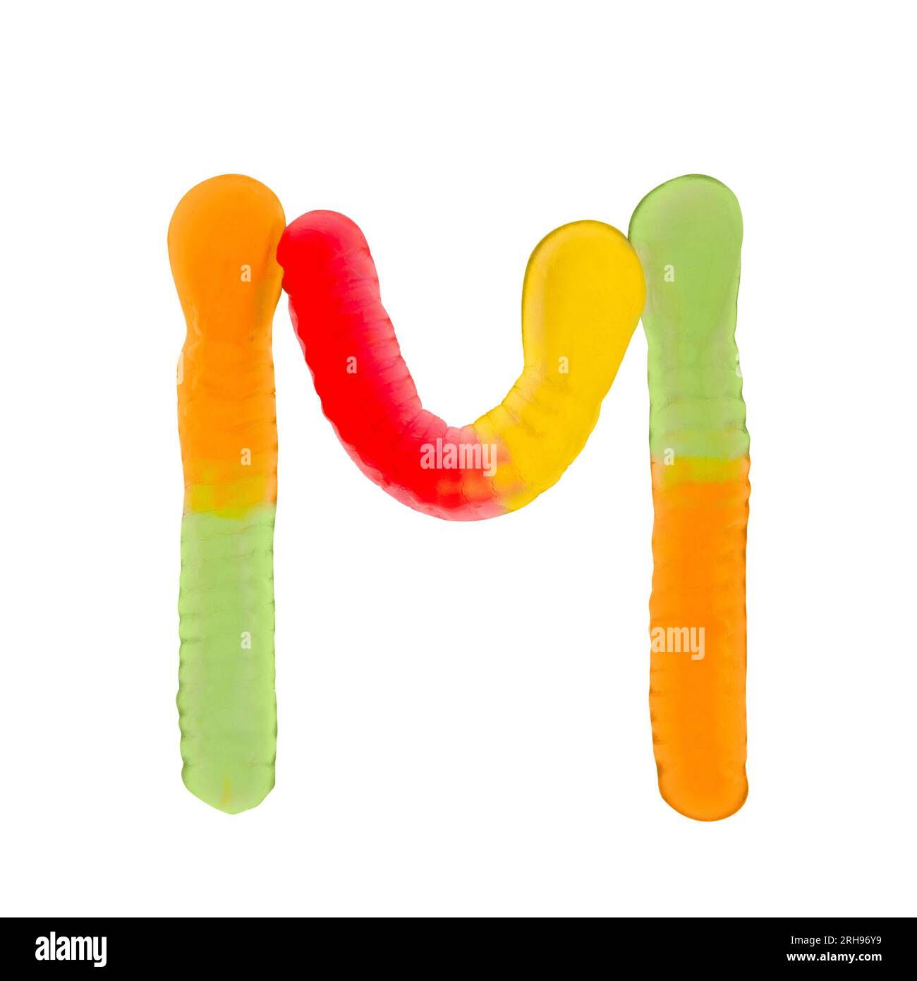 Letter M made of multicolored gummi worms and isolated on pure white ...