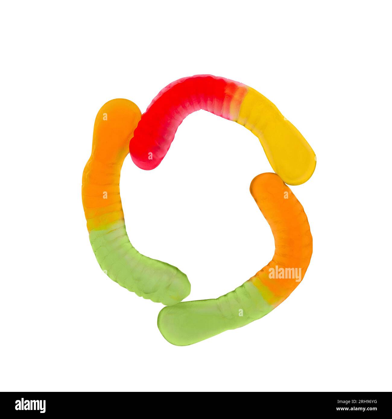 Letter O made of multicolored gummi worms and isolated on pure white ...