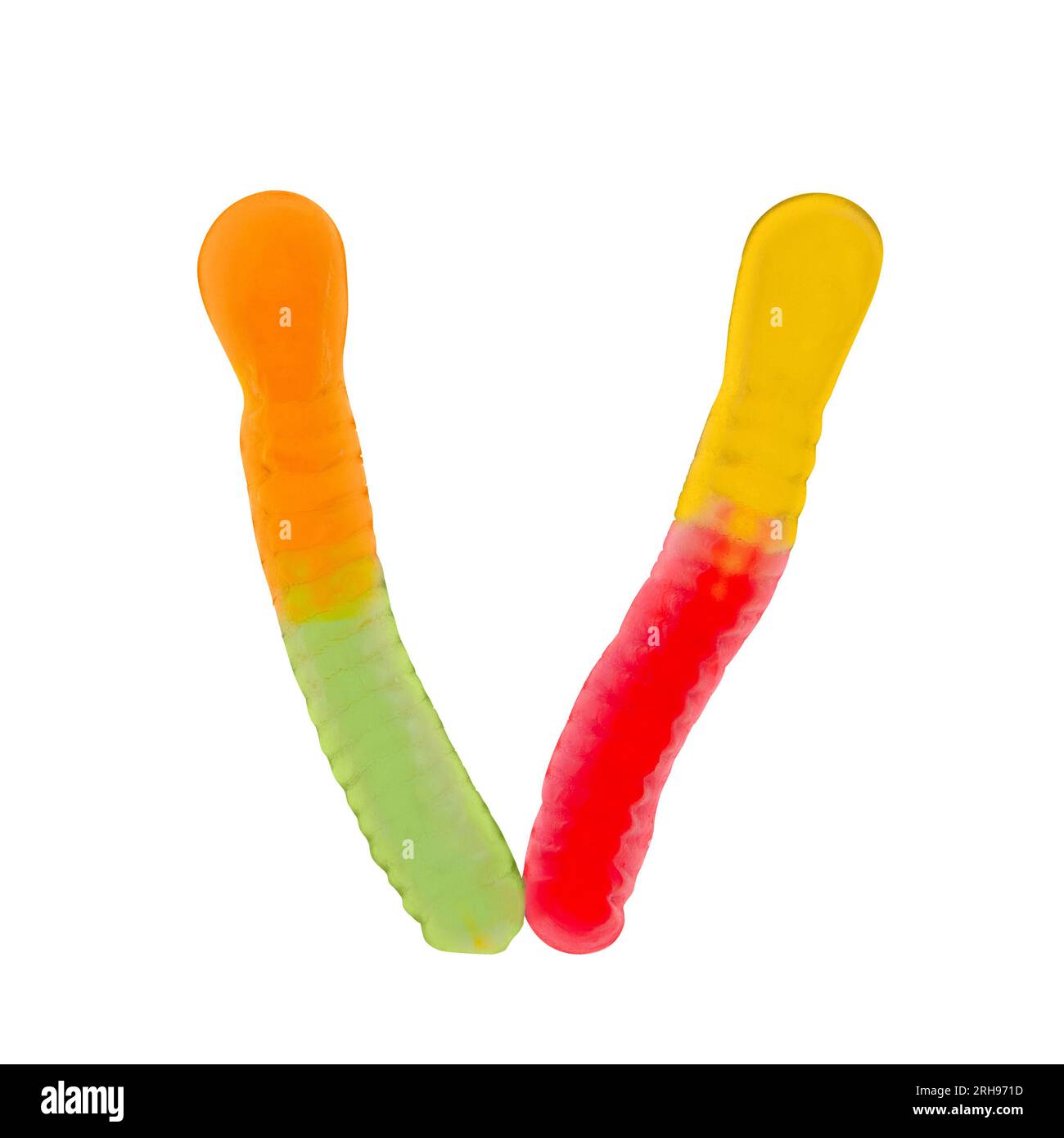 Letter V made of multicolored gummi worms and isolated on pure white ...