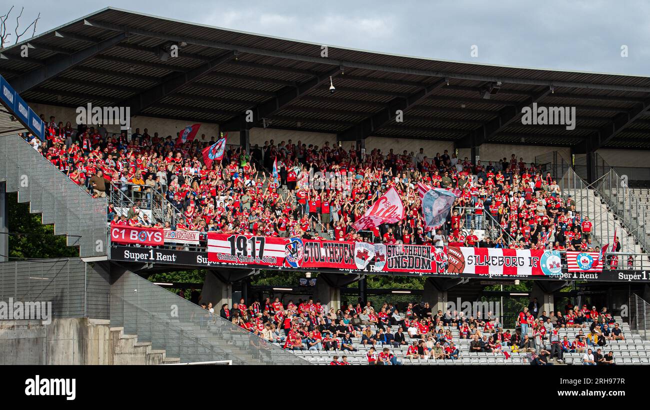 Aarhus, Denmark. 13th, August 2023. Football fans of Silkeborg IF seen ...