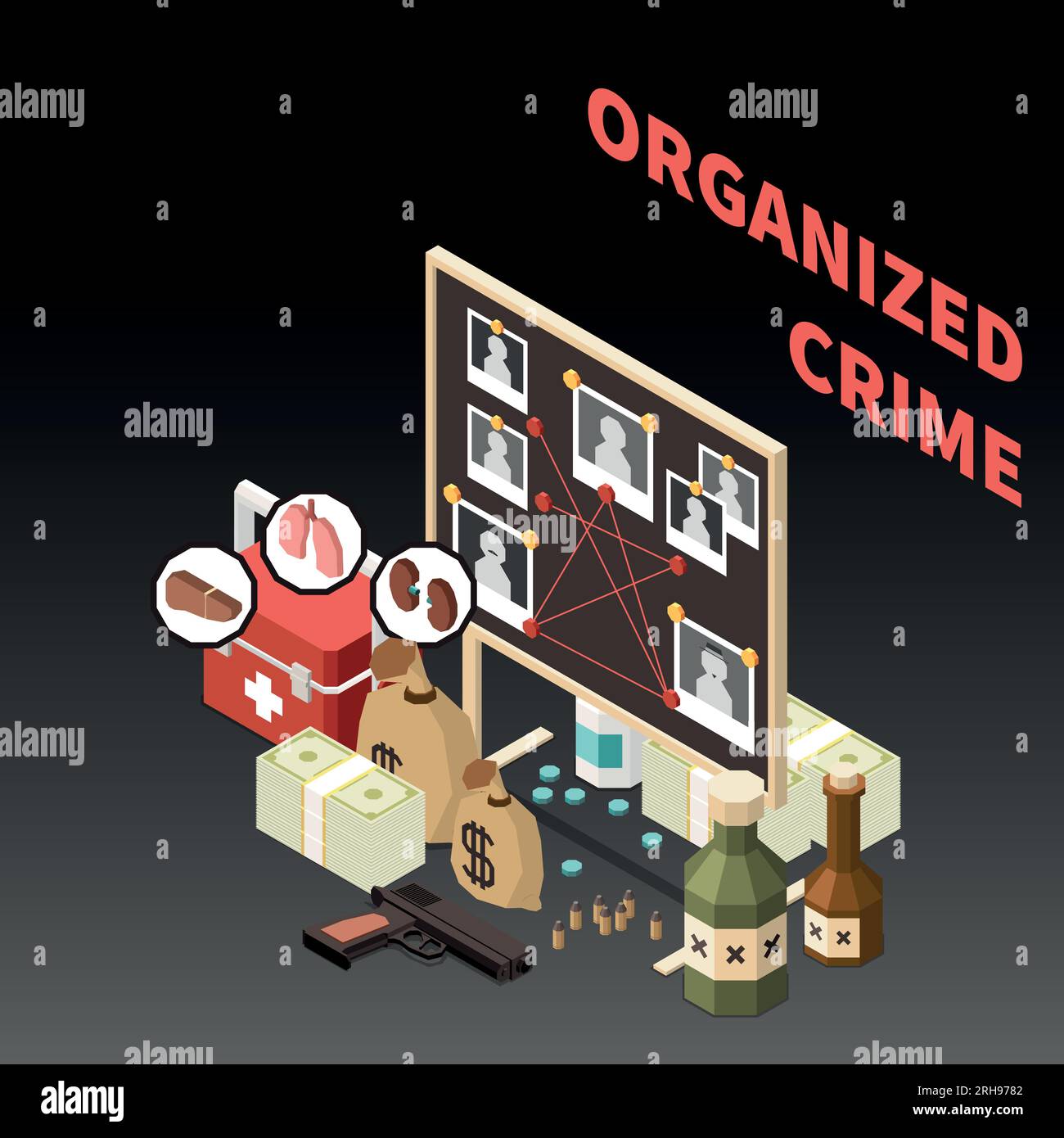 Black market isometric colored concept with organized crime description ...