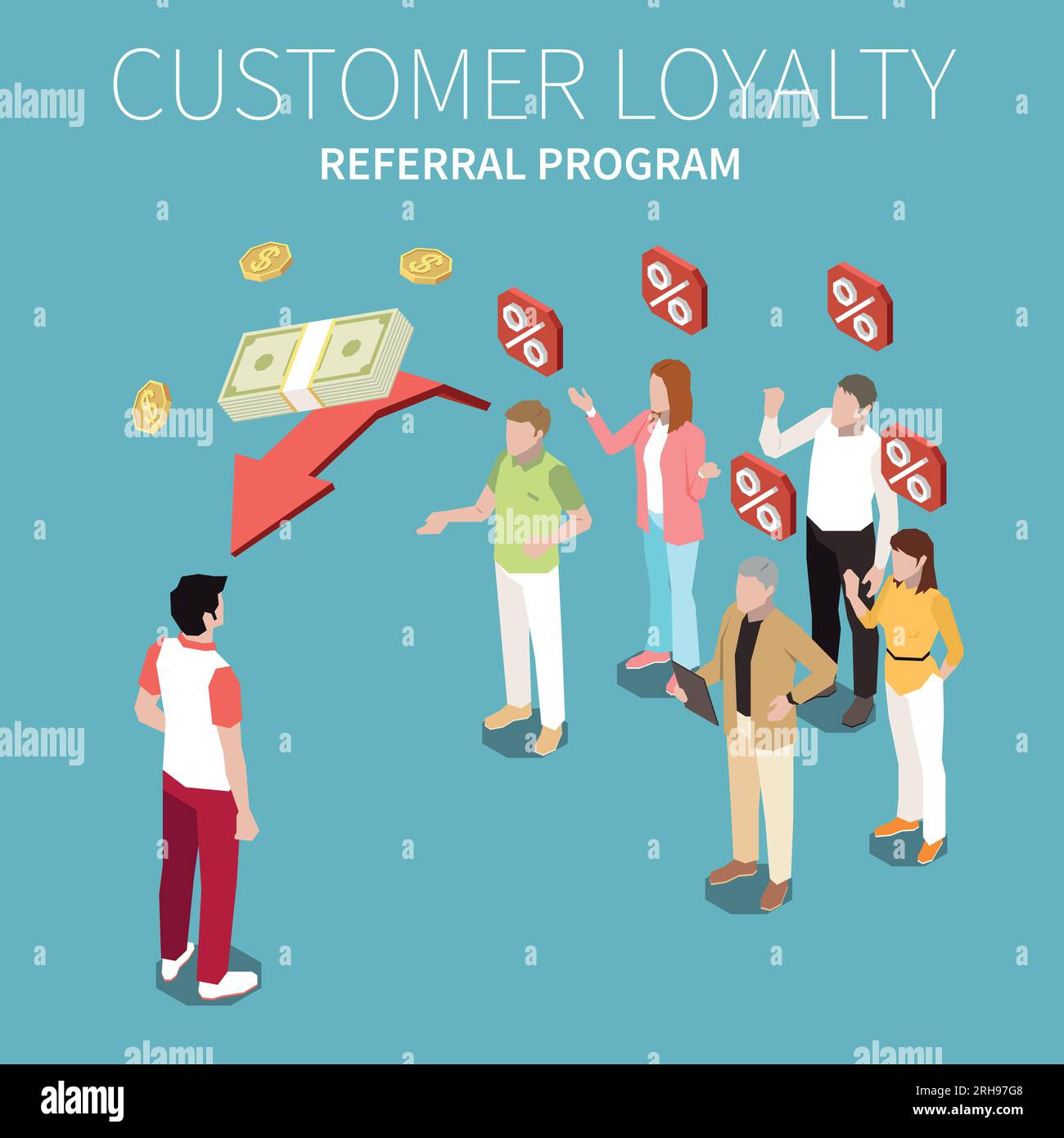 Customer loyalty bonus reward programs colored isometric composition with referral program ...
