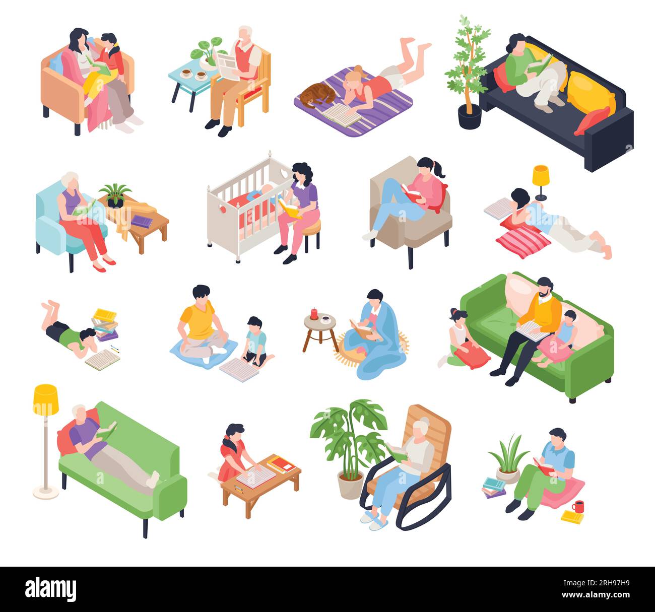 Isometric reading book people set with isolated icons of interior ...