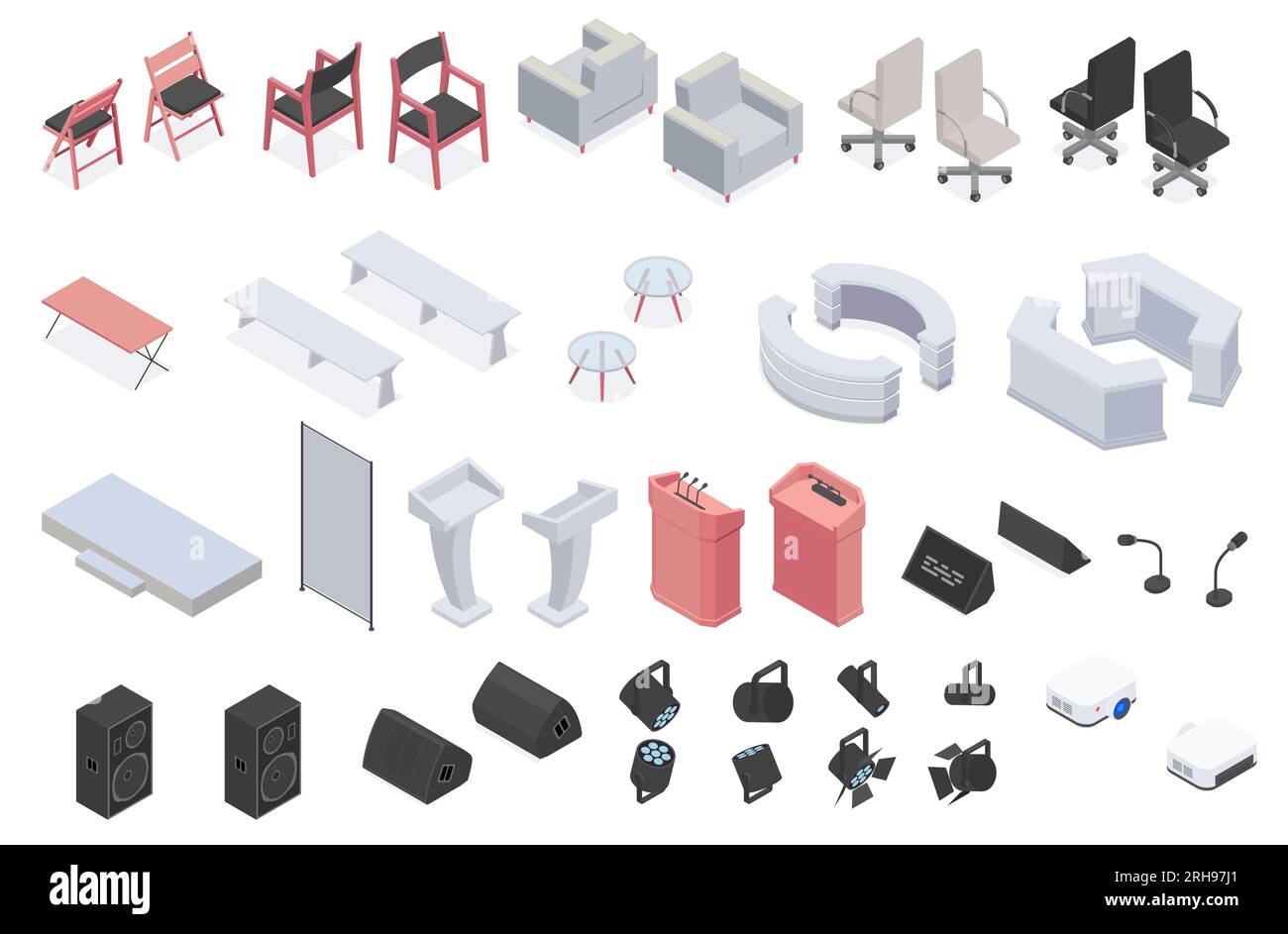 Conference hall set with meeting room equipment symbols isometric ...
