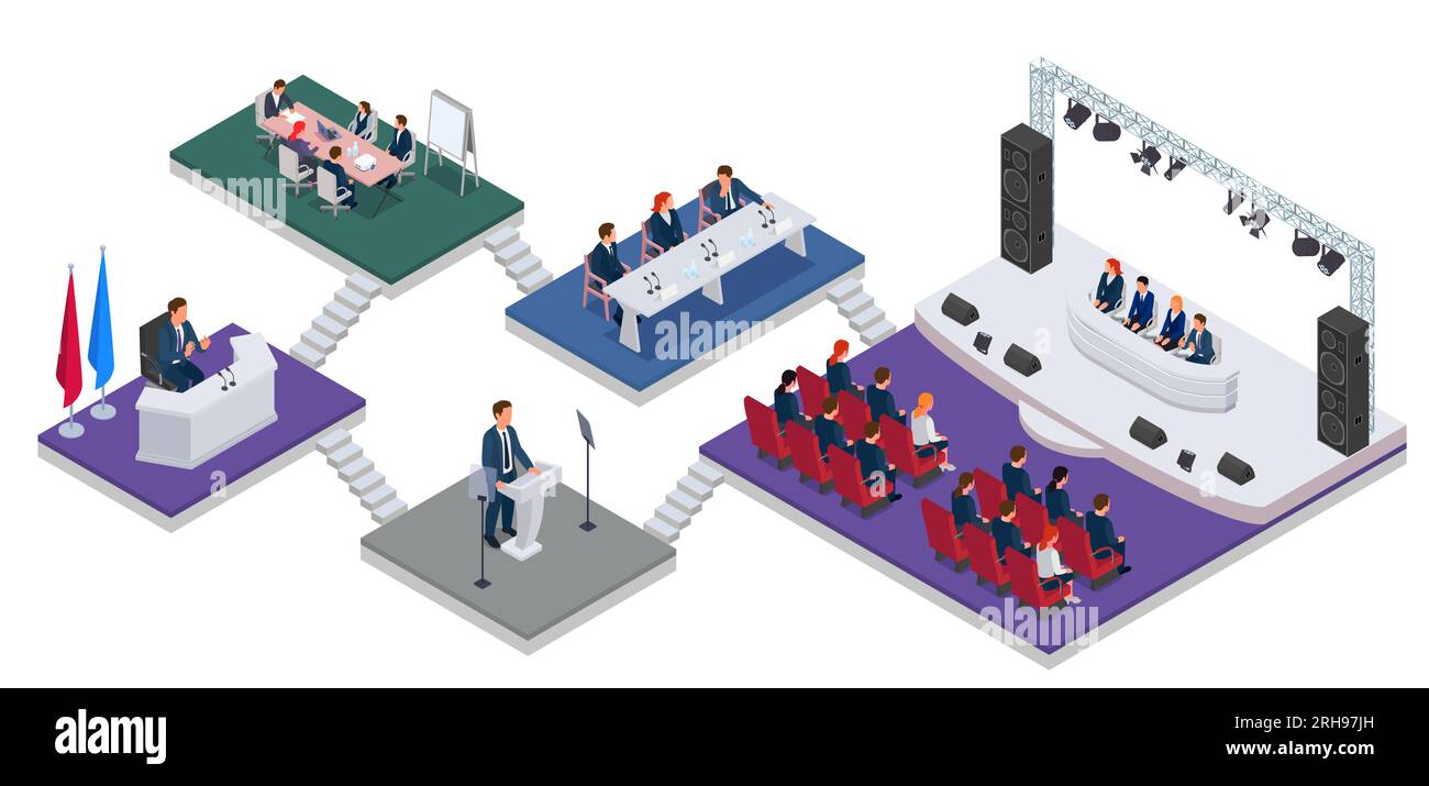 Conference hall concept with meeting room symbols isometric vector ...