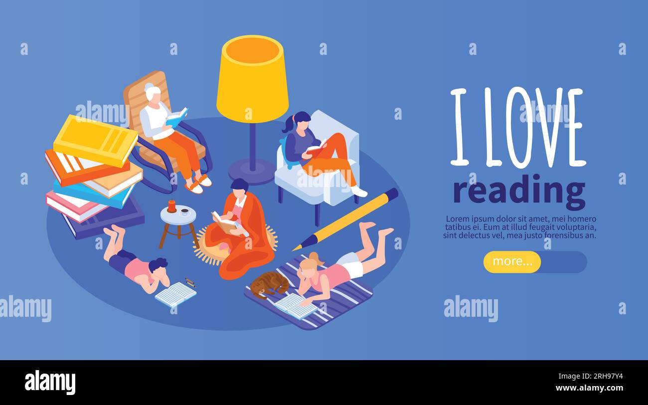 Isometric reading book horizontal banner with circle composition of ...