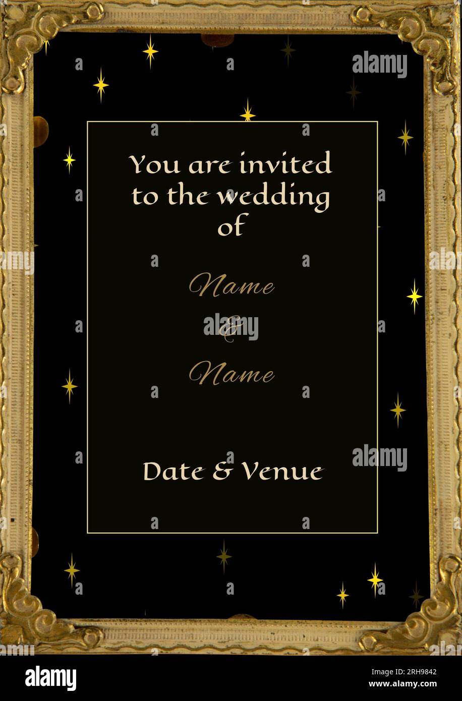 Composition of wedding invitation text over gold frame and dark ...