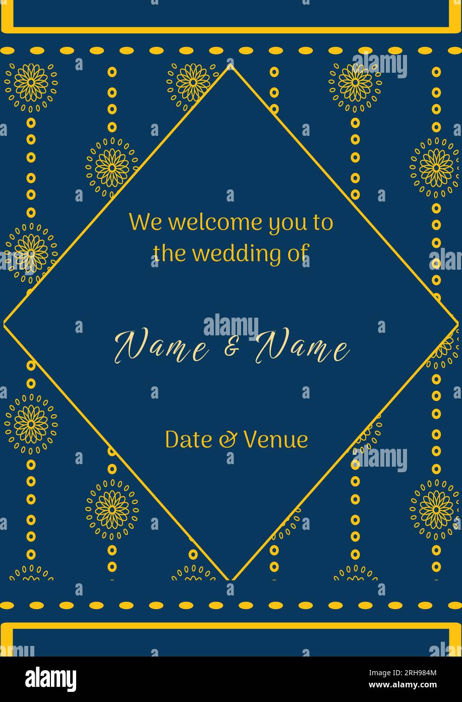 Composition of wedding invitation text over indian pattern on blue ...