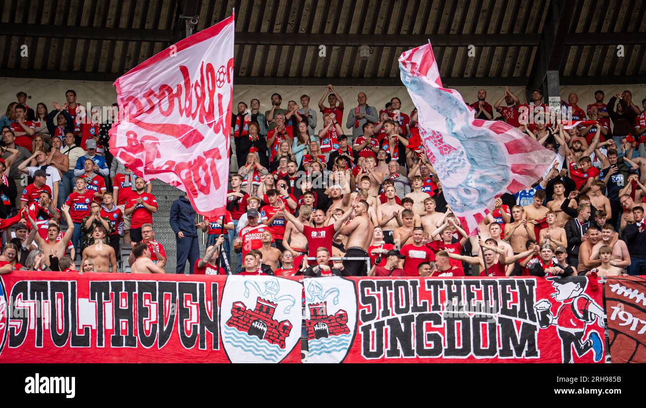 Aarhus, Denmark. 13th, August 2023. Football fans of Silkeborg IF seen ...
