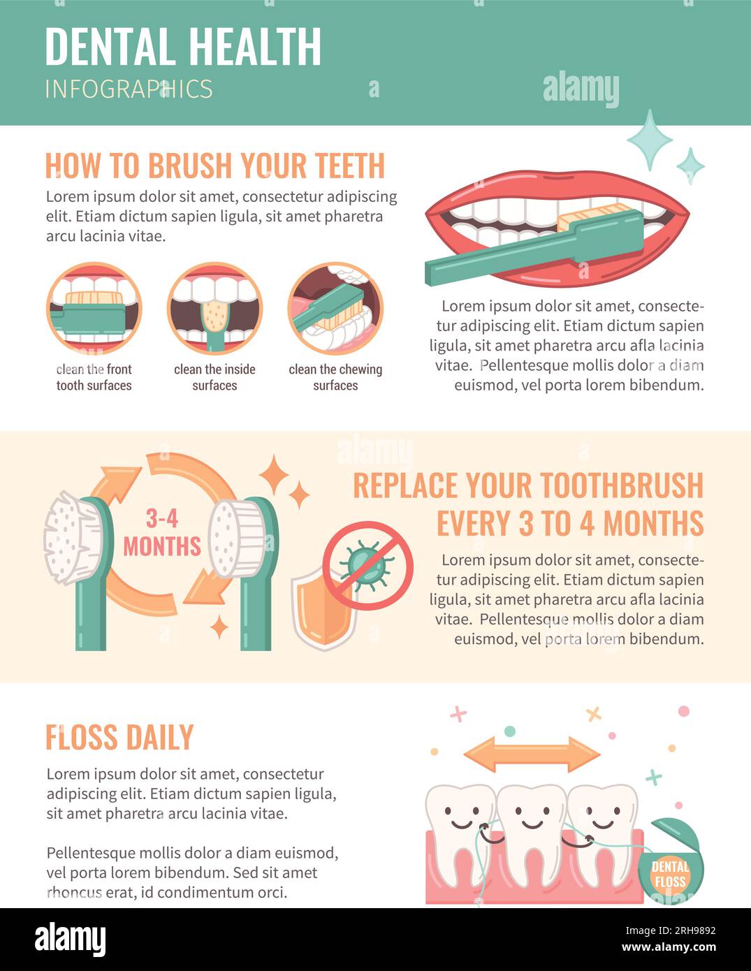 Dental health infographics flat with oral hygiene cartoon symbols ...
