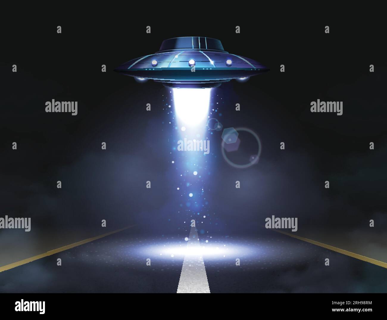 Ufo spaceship poster with alien aircraft putting spotlight on road ...