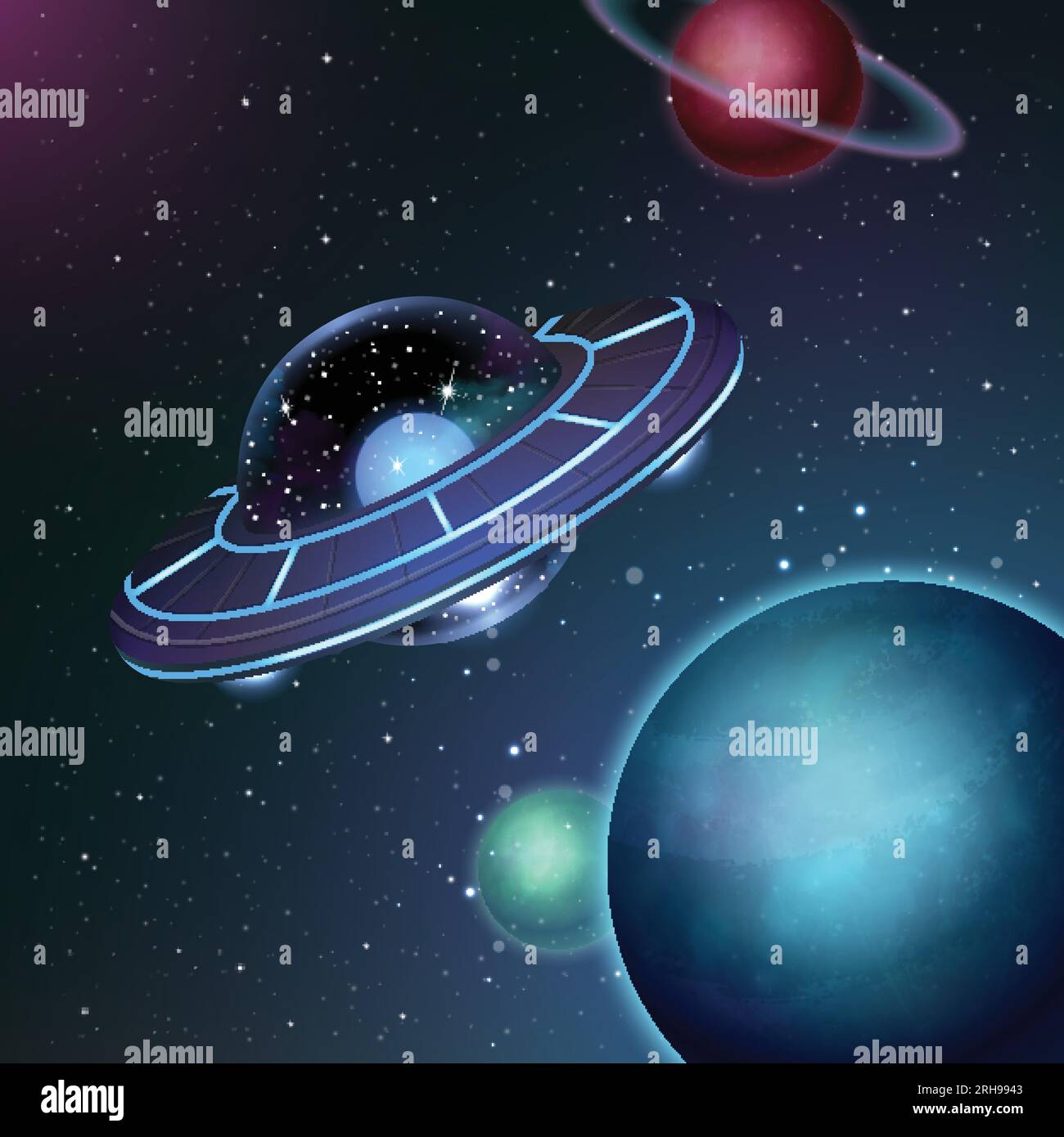 Ufo spacecraft realistic poster with alien spaceship among planets ...