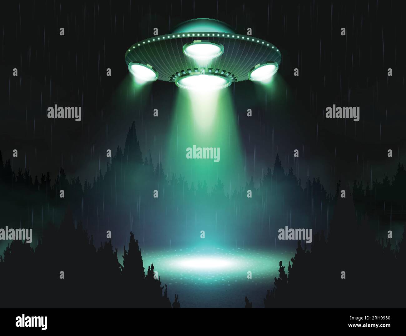 Ufo spaceship realistic poster with alien spacecraft under night forest ...