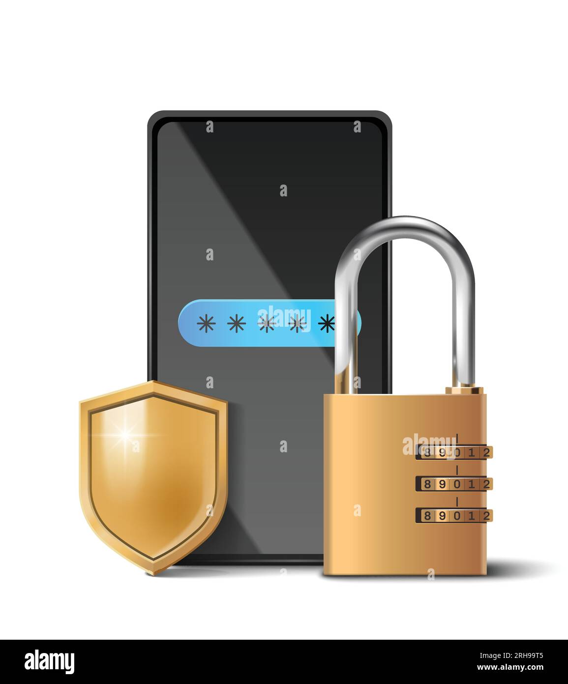 Lock realistic composition with golden padlock and mobile phone vector ...