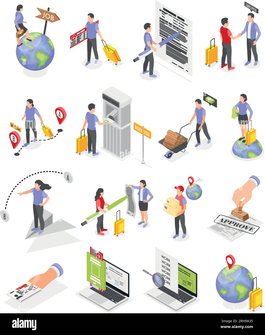 Work migration isometric icons set with people getting visa travelling ...