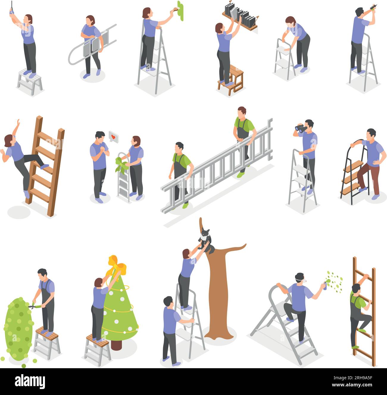 People using ladder for various purposes isometric icons collection ...