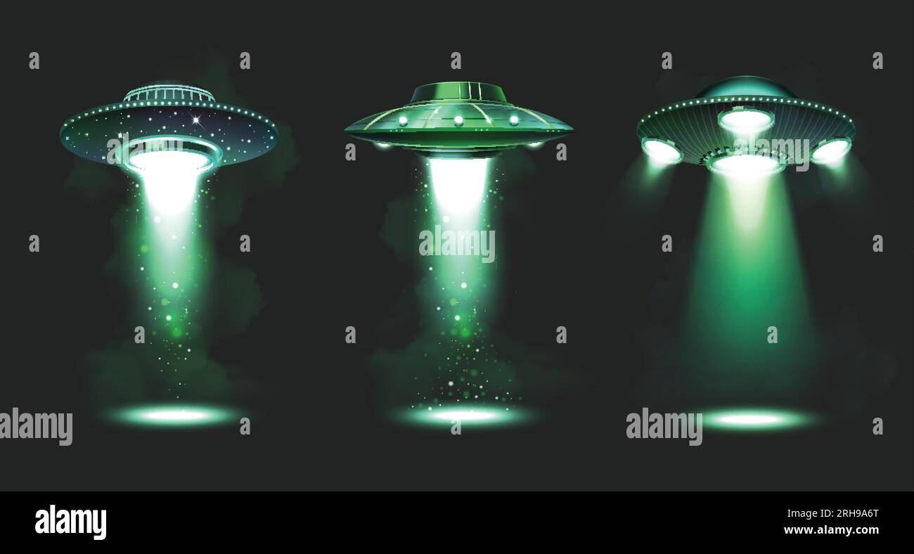 Ufo spacecraft icons set with flying saucers projecting green beams ...