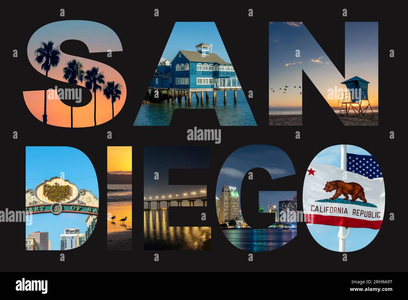 Letters SAN DIEGO, iconic landmarks photo collage isolated on black ...