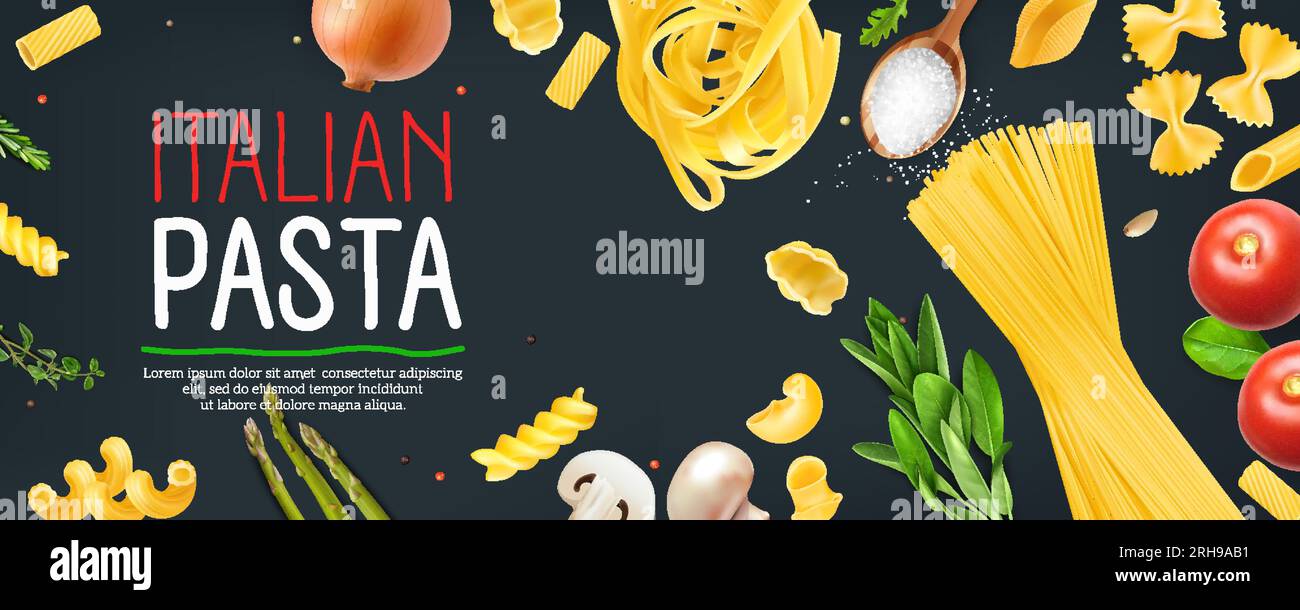 Italian pasta horizontal poster with realistic ingredients on dark ...