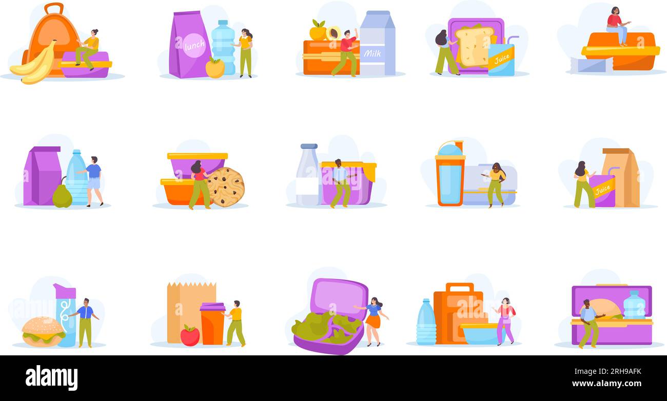 Lunch box set of flat isolated compositions with blank background ...