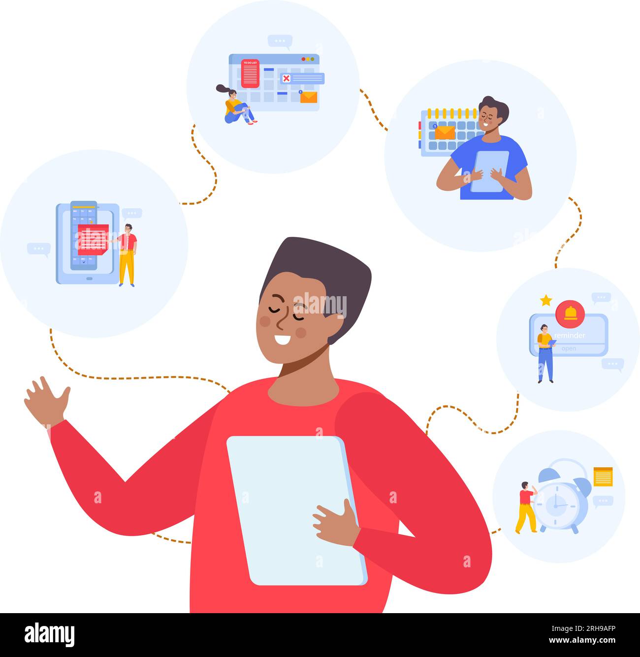 Event planning flat background with male character surrounded by circle ...