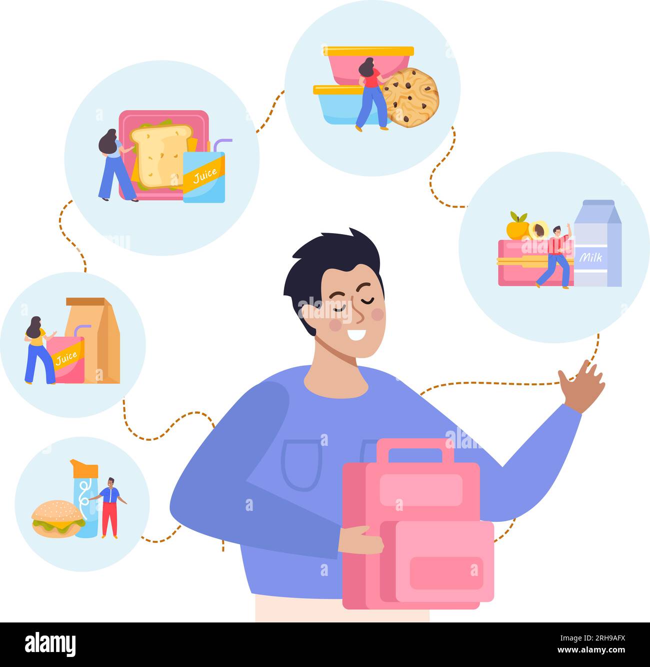 Lunch box flat background with male character holding backpack ...