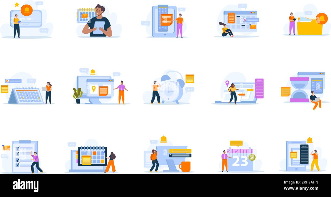 Set with isolated event planning compositions on blank background with ...